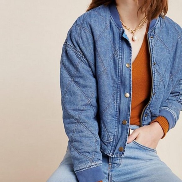 Anthropologie | Jackets & Coats | Anthropologie Denim Bomber Jacket Diamond Quilted Crop Blue ...